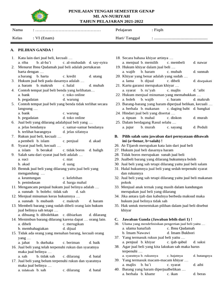 v PTS Fiqih Kelas 6 Smt Genap 2021-2022 | PDF