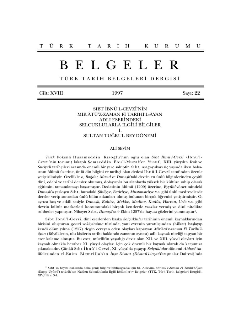 Ali Sevim - Sibt İbnül-Cevzînin Mirâtüz-Zaman Fî Tarihil-Âyan Adlı ...