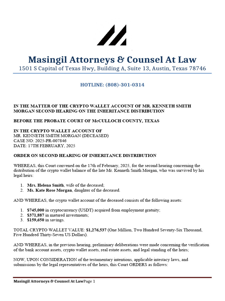 Morgan Inheritance Hearing Order | PDF | Probate | Cryptocurrency