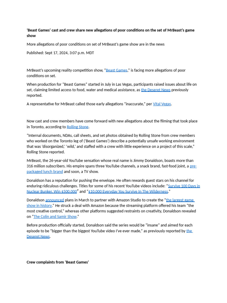 Beast Games' Cast and Crew Share New Allegations of Poor Conditions On ...