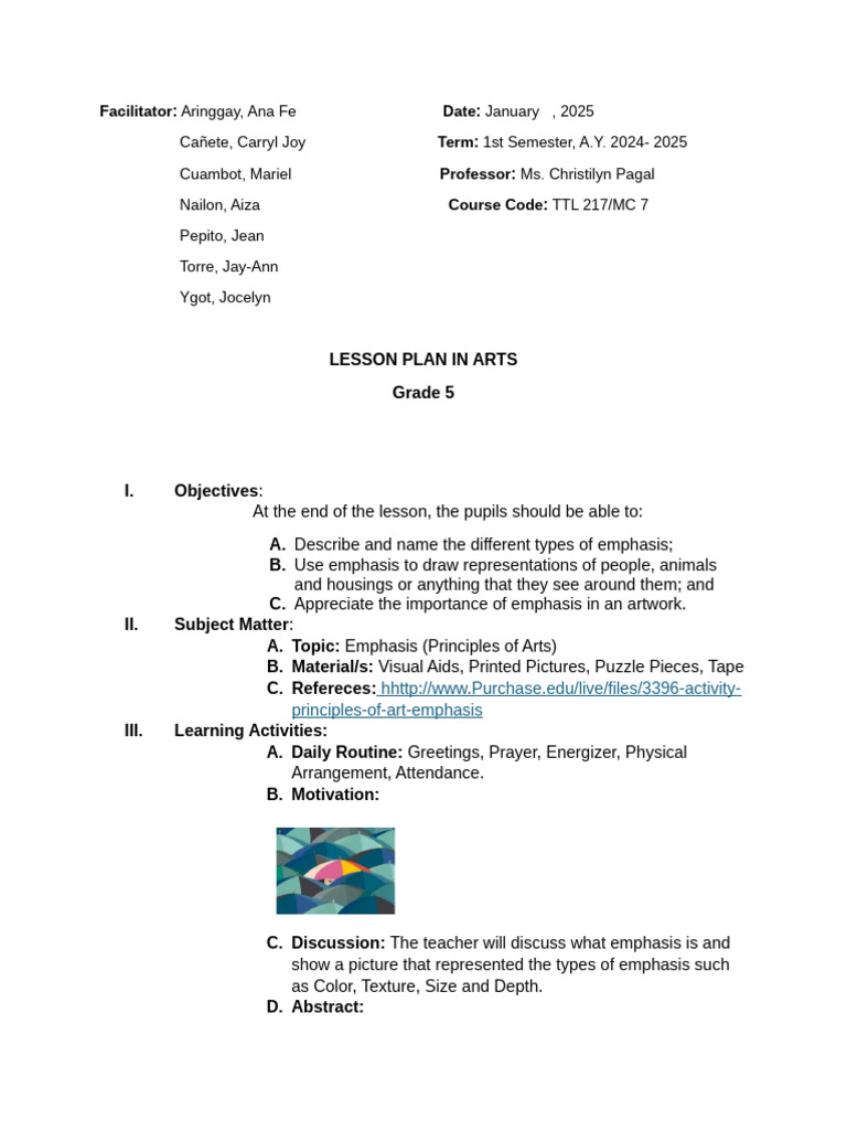 LP IN ARTS | PDF | Composition (Visual Arts) | Learning