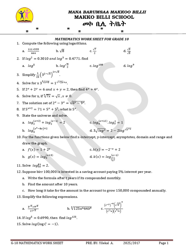Grade 10 Math Worksheets with Answers | PDF | Square Root | Function ...