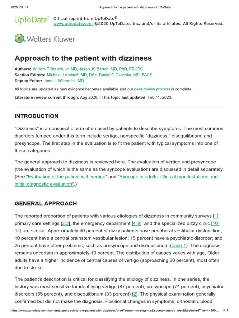 Approach To The Patient With Dizziness - UpToDate | PDF | Vertigo ...
