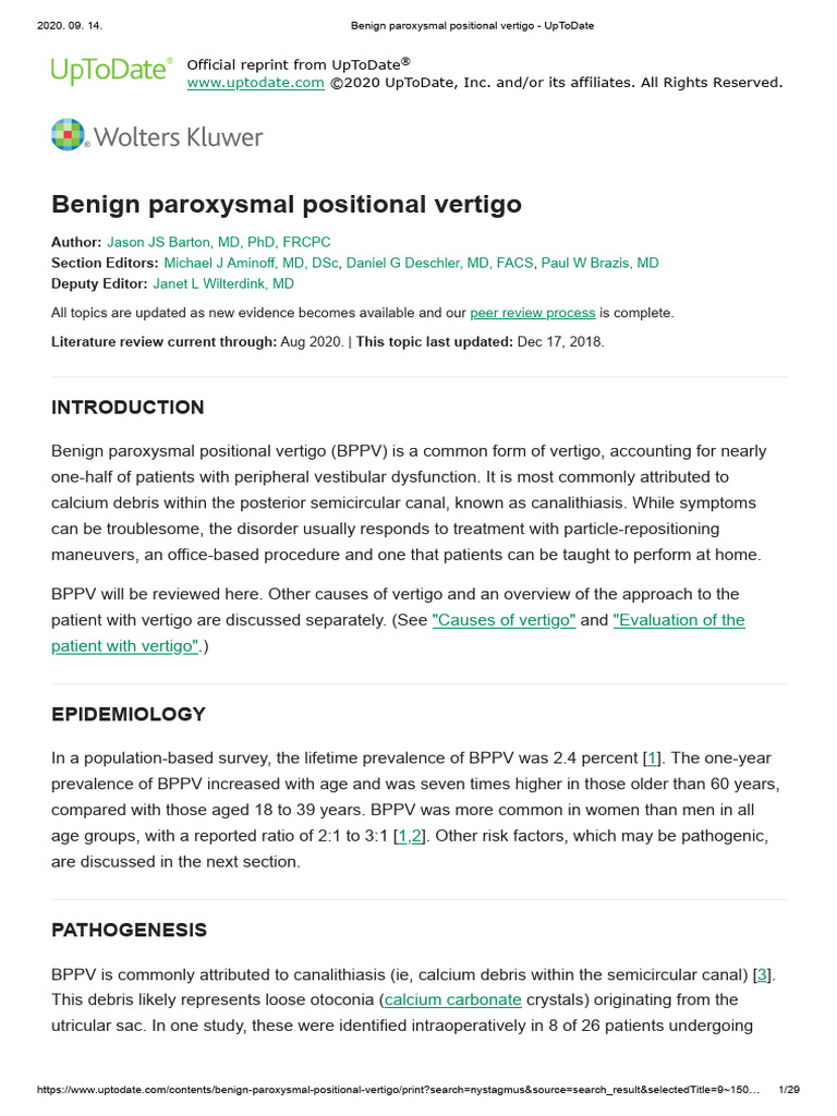 Benign paroxysmal positional vertigo - UpToDate | PDF | Vertigo | Human Diseases And Disorders
