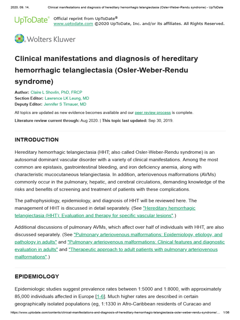 Clinical Manifestations and Diagnosis of Hereditary Hemorrhagic Telangiectasia (Osler-Weber ...