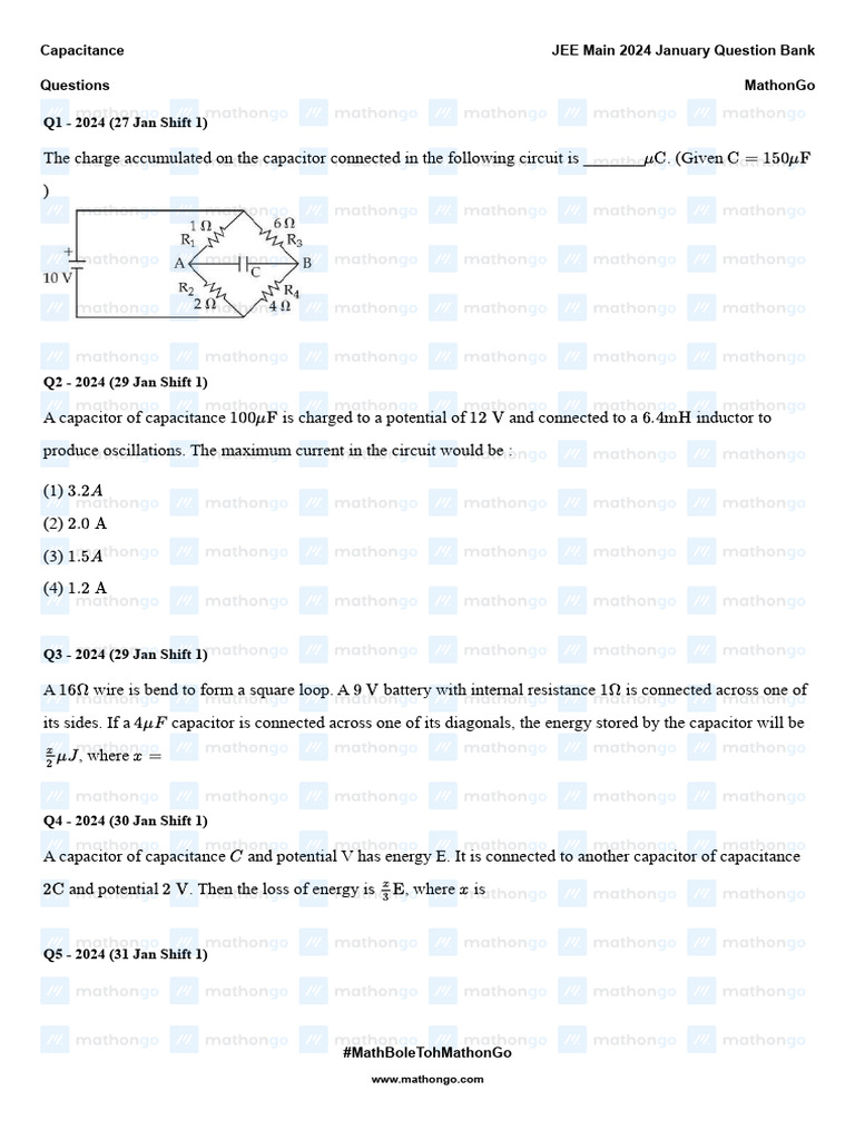 Capacitance - JEE Main 2024 January Question Bank - MathonGo | PDF | Capacitor | Capacitance