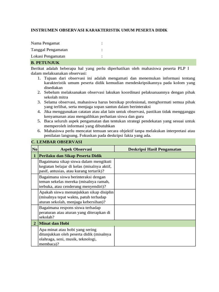 Instrumen Observasi Karakteristik Umum Peserta Didik | PDF