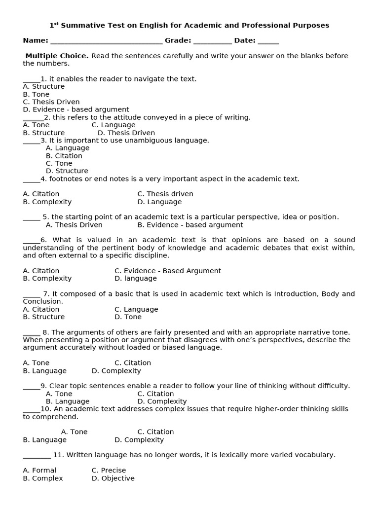 English Academic Test Questions | PDF | Argument | Vocabulary