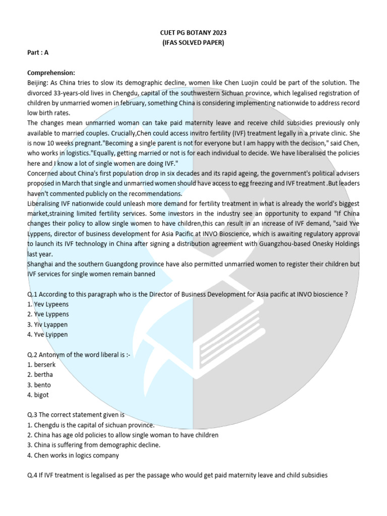 Cuet PG Botany 2023 Pyq | PDF | Cell Wall | In Vitro Fertilisation