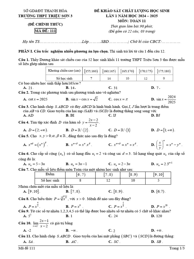 đề khaeo sát 11 lần 1 | PDF