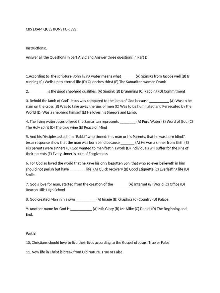 SS3 CRS Questions for-WPS Office | PDF | Jesus | Baptism