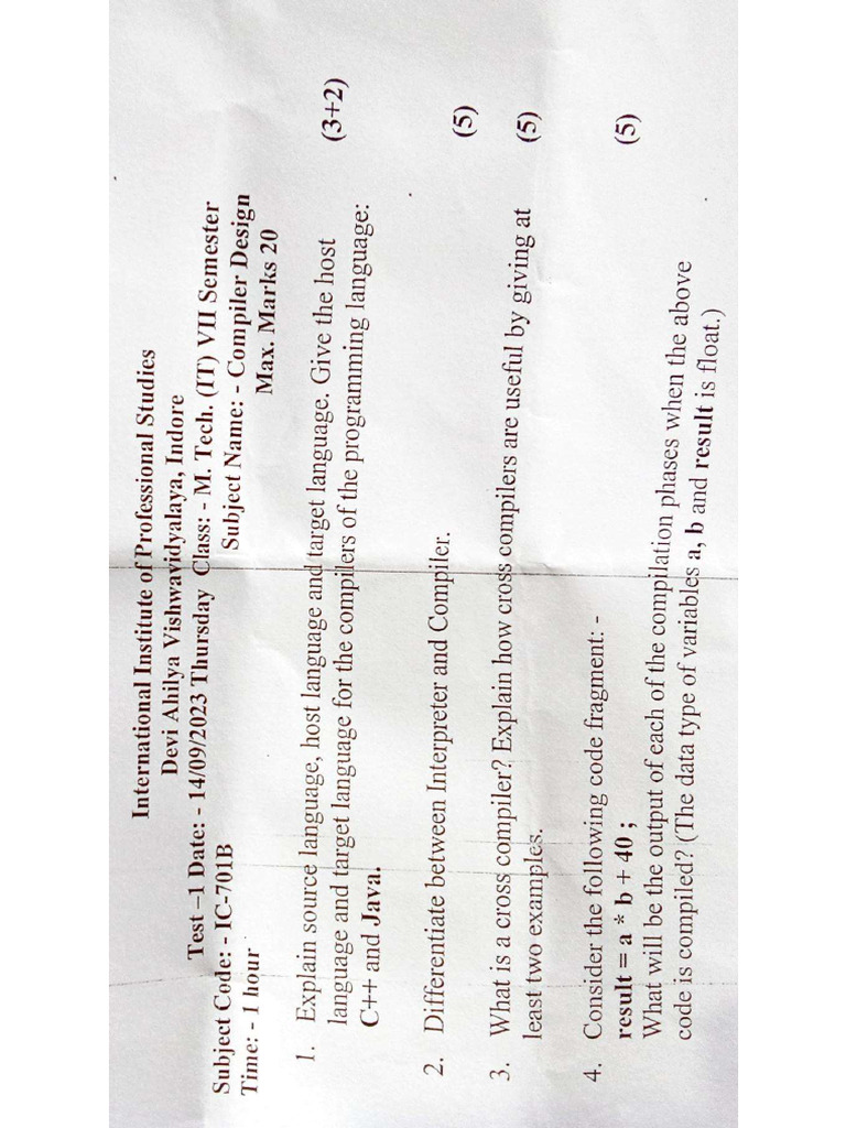 Compiler Design 2023 Papers | PDF