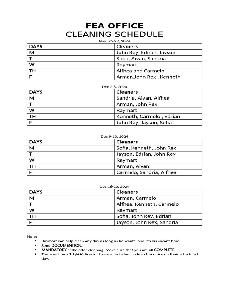 FEA OFFICE Cleaning Schedule F | PDF