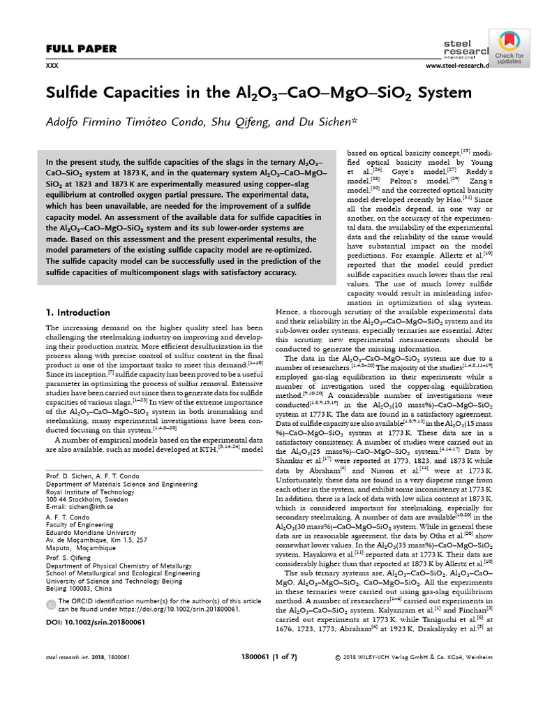 2. Sulfide Capacity in the Al2O3-CaO-MgO-SiO2 System.pdf | PDF | Applied And Interdisciplinary ...