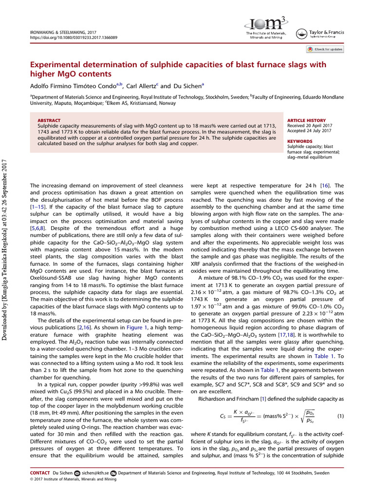 1. Experimental Determination of Sulphide Capacities of Blast Furnace ...