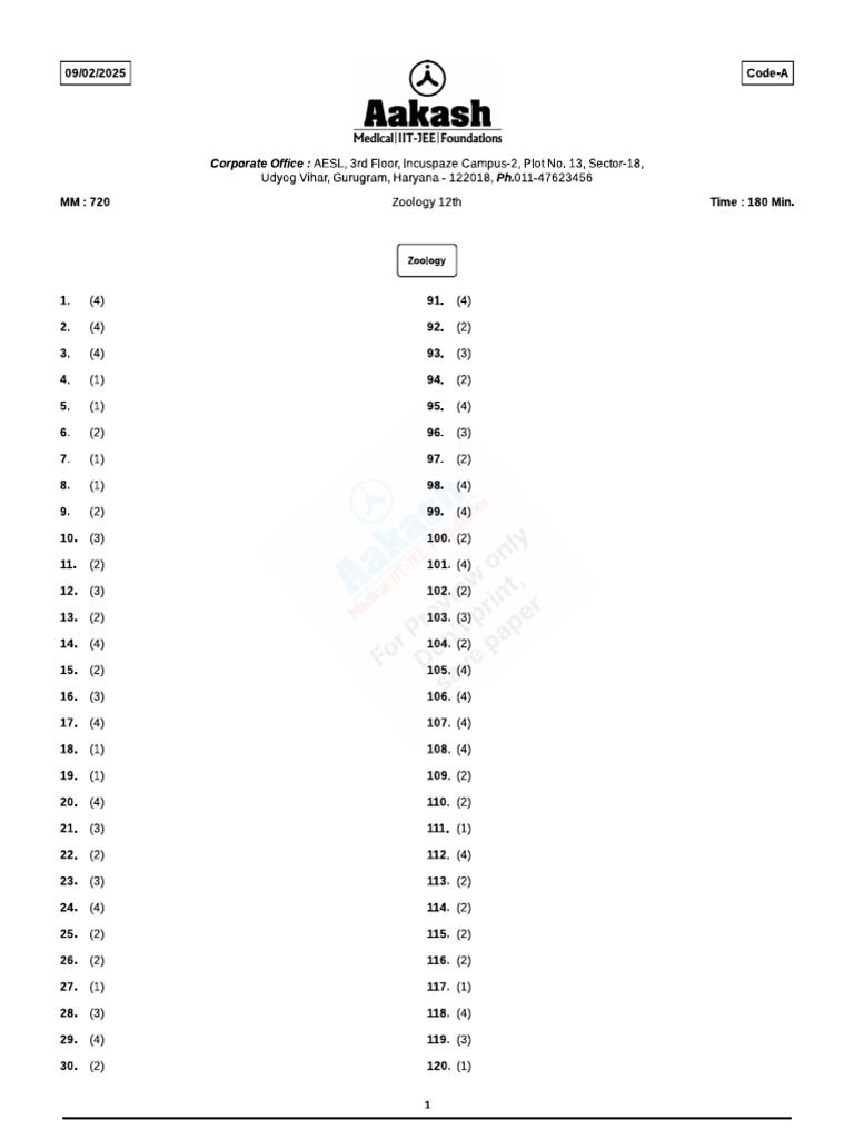 ZOOLOGY-12 ANSWER KEY AIM 720 | PDF