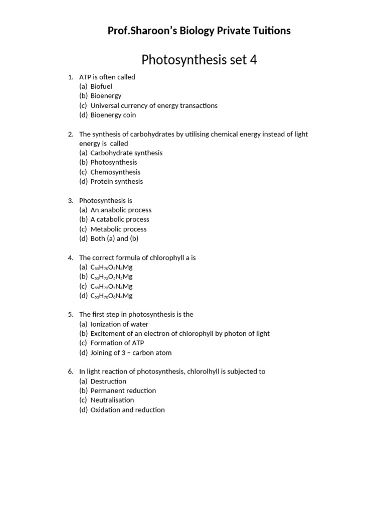 Photosynthesis Quiz Questions and Answers | PDF | Photosynthesis ...