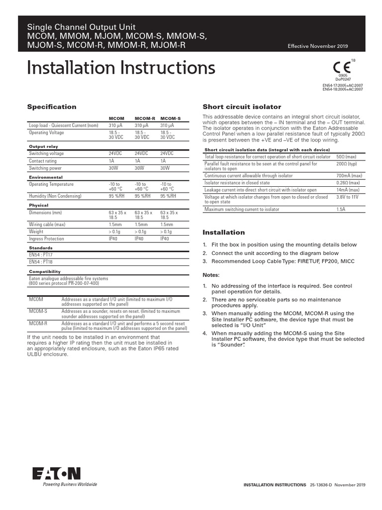 Eaton Fire Addressable Micro Output Mcom Manual 25 13636 en | PDF | Electrical Wiring | Relay