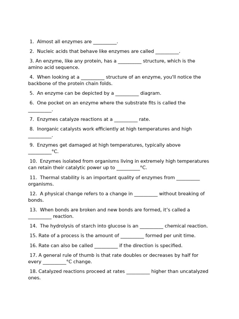 Enzyme Ncert Based FIB | PDF | Enzyme | Cofactor (Biochemistry)
