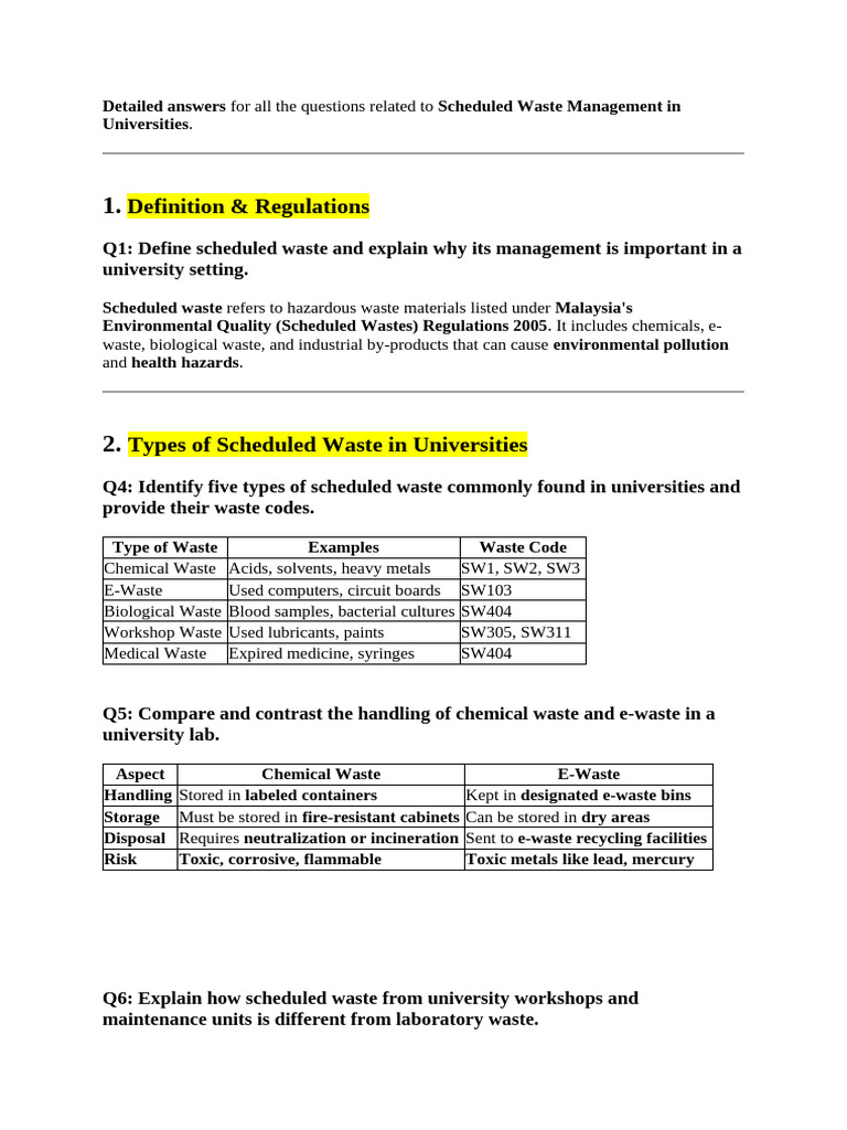 Questions Related To Scheduled Waste Management in Universities | PDF ...