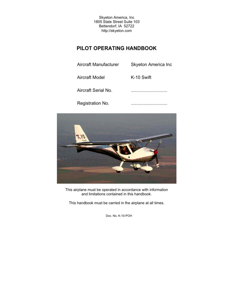 Skyeton K-10 - PILOT OPERATING HANDBOOK - Barnstormers | PDF | Airspeed | Flight Control Surfaces