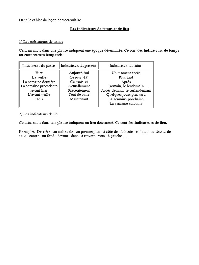 Indicateurs de temps et de lieu | PDF