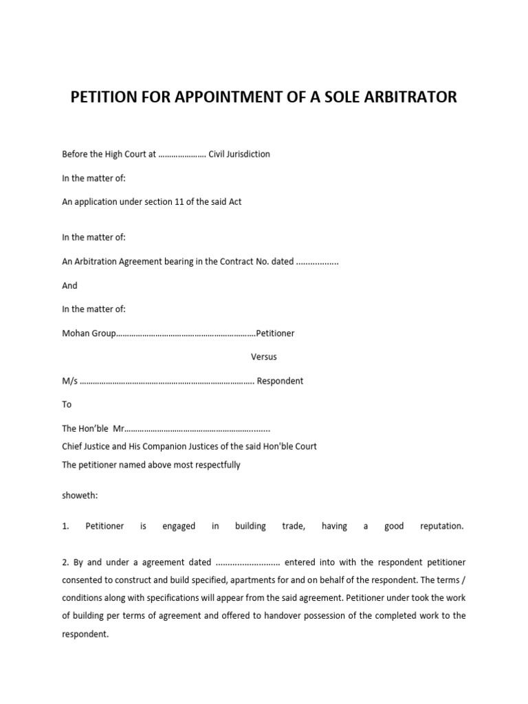 Petition For Appointment of A Sole Arbitrator | PDF | Arbitration ...