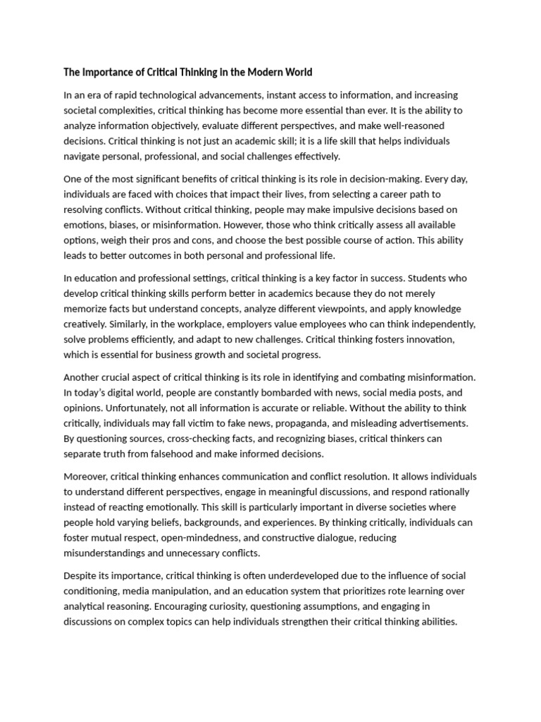The Importance of Critical Thinking in The Modern World | PDF ...