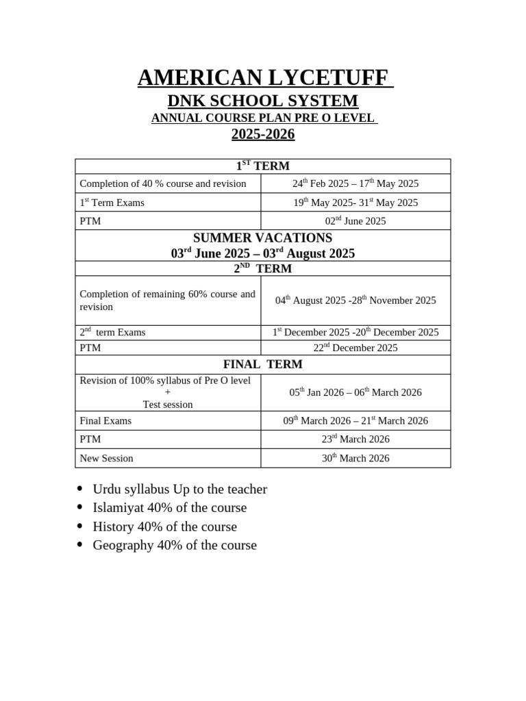 Pre O Level Course Plan 2025-2026 | PDF