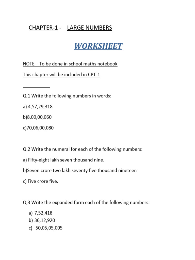 Class 5 Maths Worksheet 1A | PDF