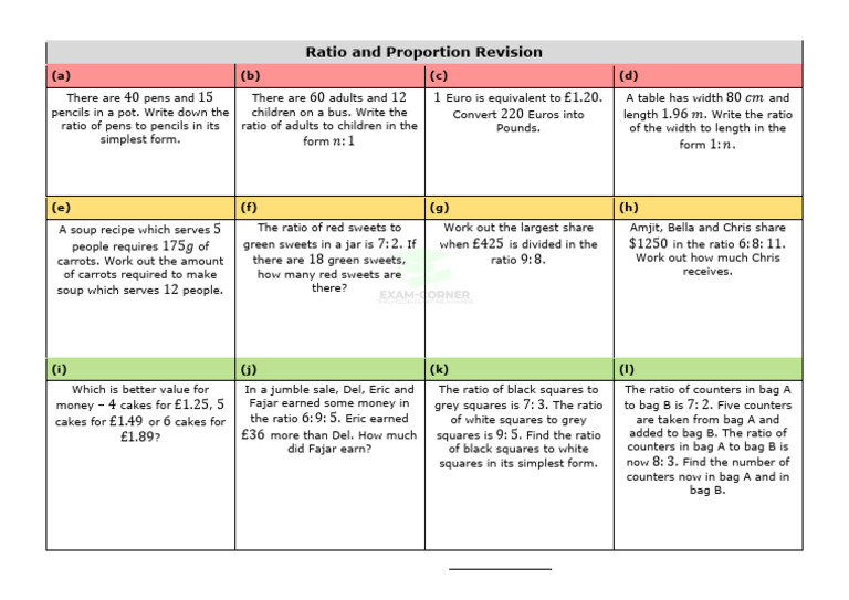 Mixed Ratio and Proportion Revision Practice Grid | PDF | Ratio