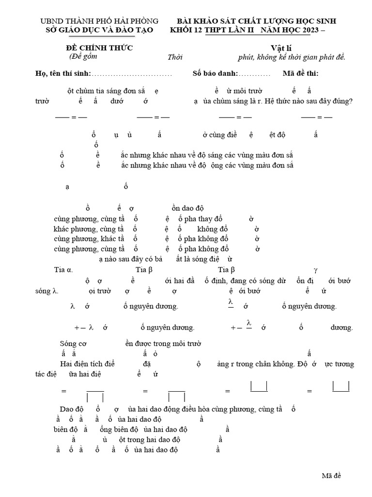 De Khao Sat Chat Luong Vat Li 12 Lan 2 Nam 2023 2024 So GDDT Hai Phong | PDF