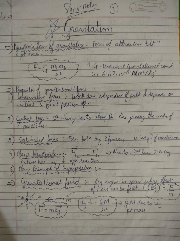Gravitation Class 11th Physics (Short Notes and FORMULAE) | PDF