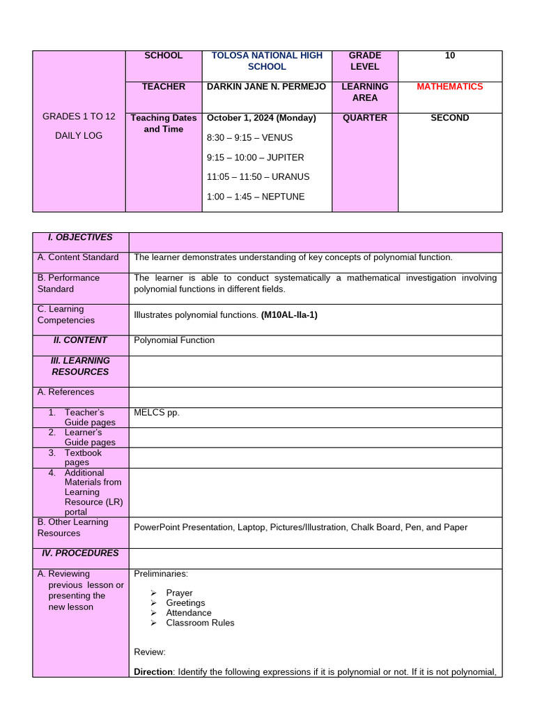 Grade 10 Polynomial Functions Lesson Plan | PDF | Polynomial | Algebra