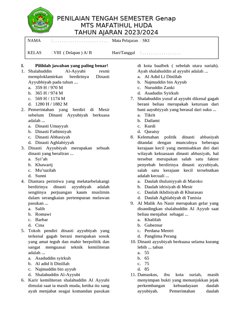 Soal PTS Genap SKI GENAP 8 | PDF
