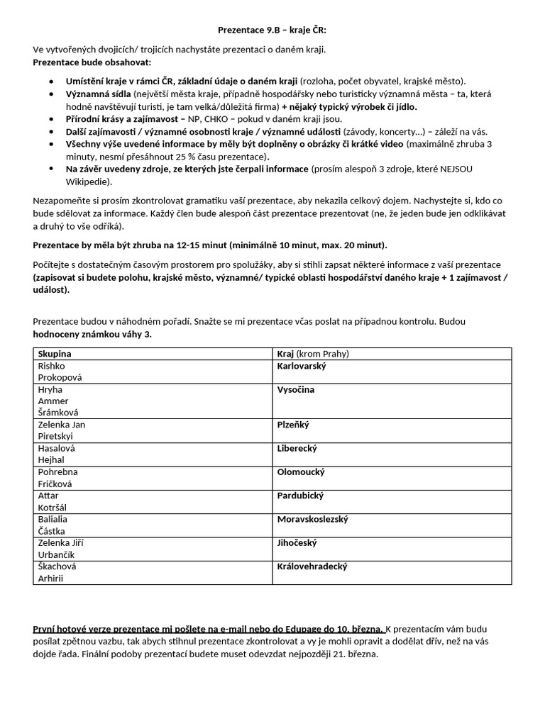 Prezentace - Kraje ČR (Dvojice 9.a) | PDF