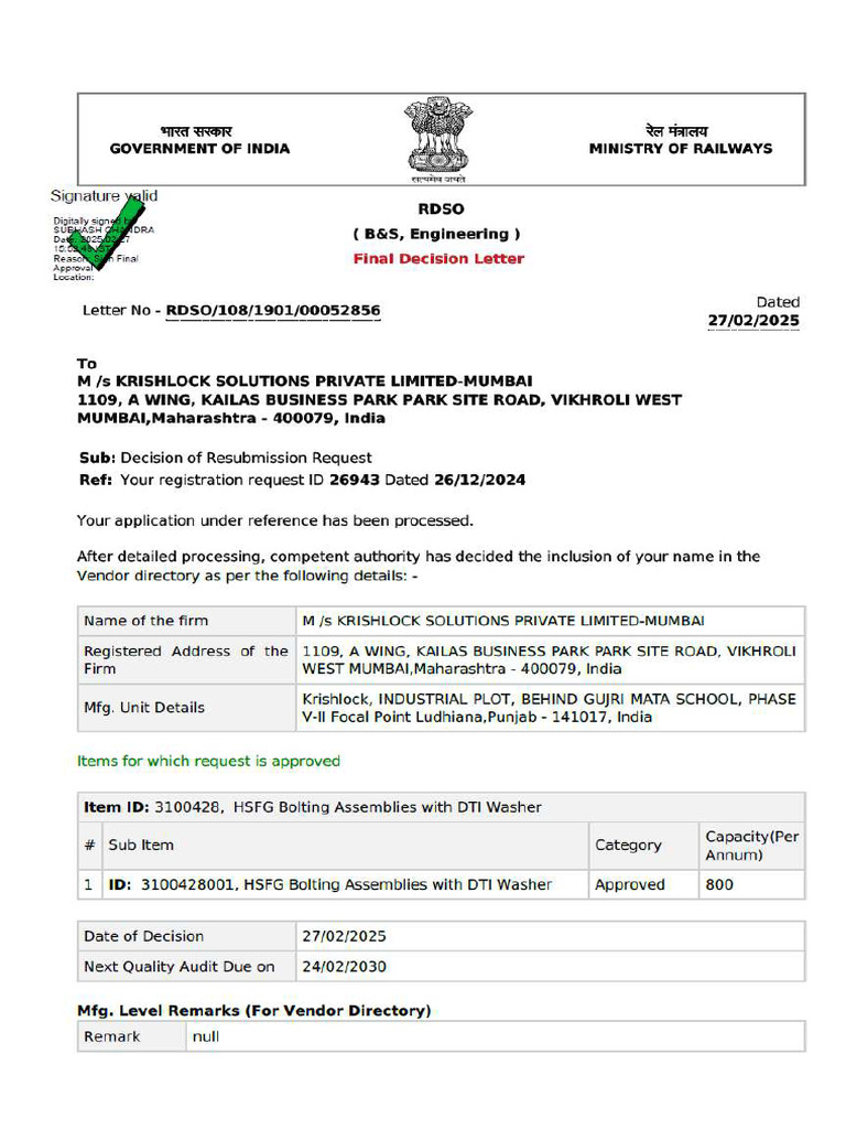 Rdso Approval Letter - HSFG | PDF