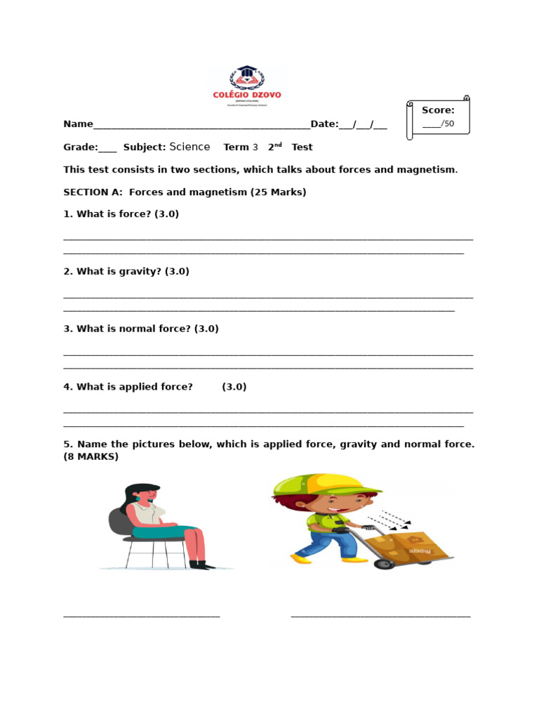 Science Test on Forces and Magnetism | PDF | Force | Friction