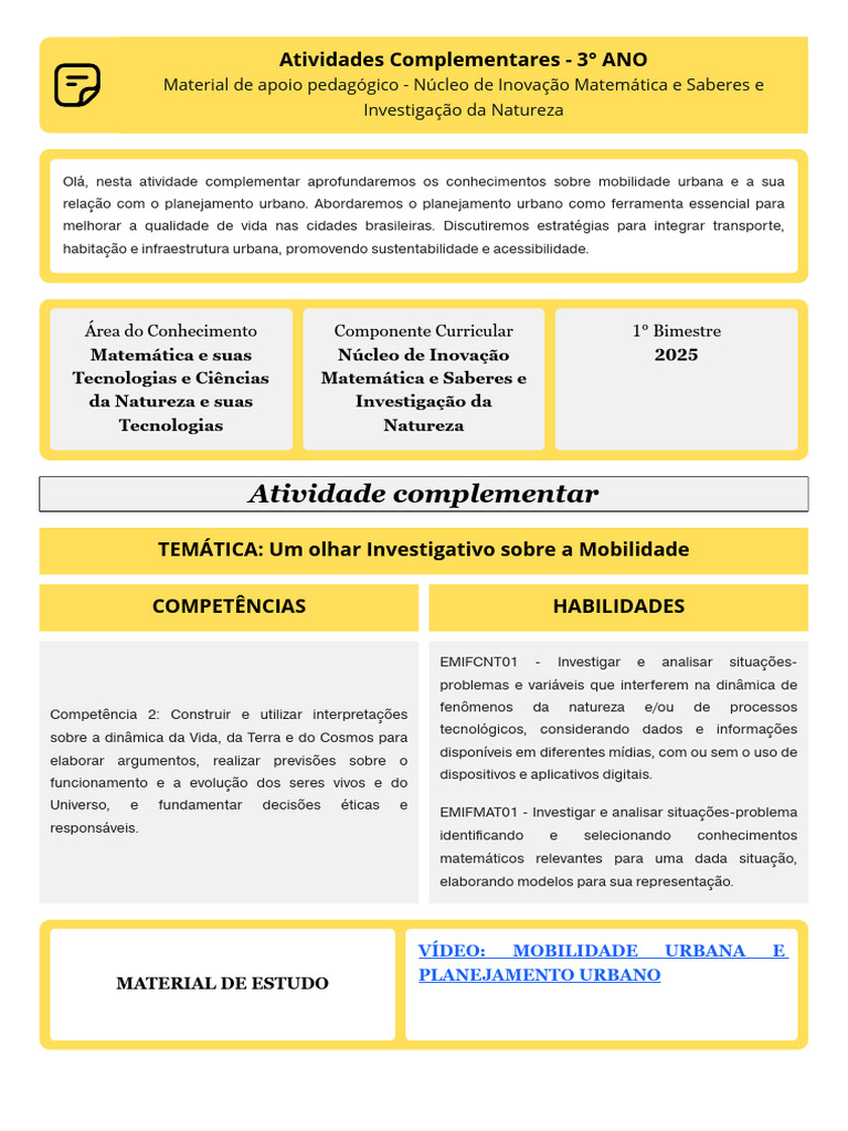 1 Bim Mobilidade Conectada Atividades Complementares | PDF | Planejamento urbano | Matemática