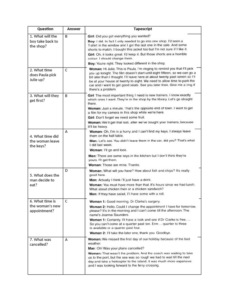 Keys and Tapescript and For Part 4.1 | PDF