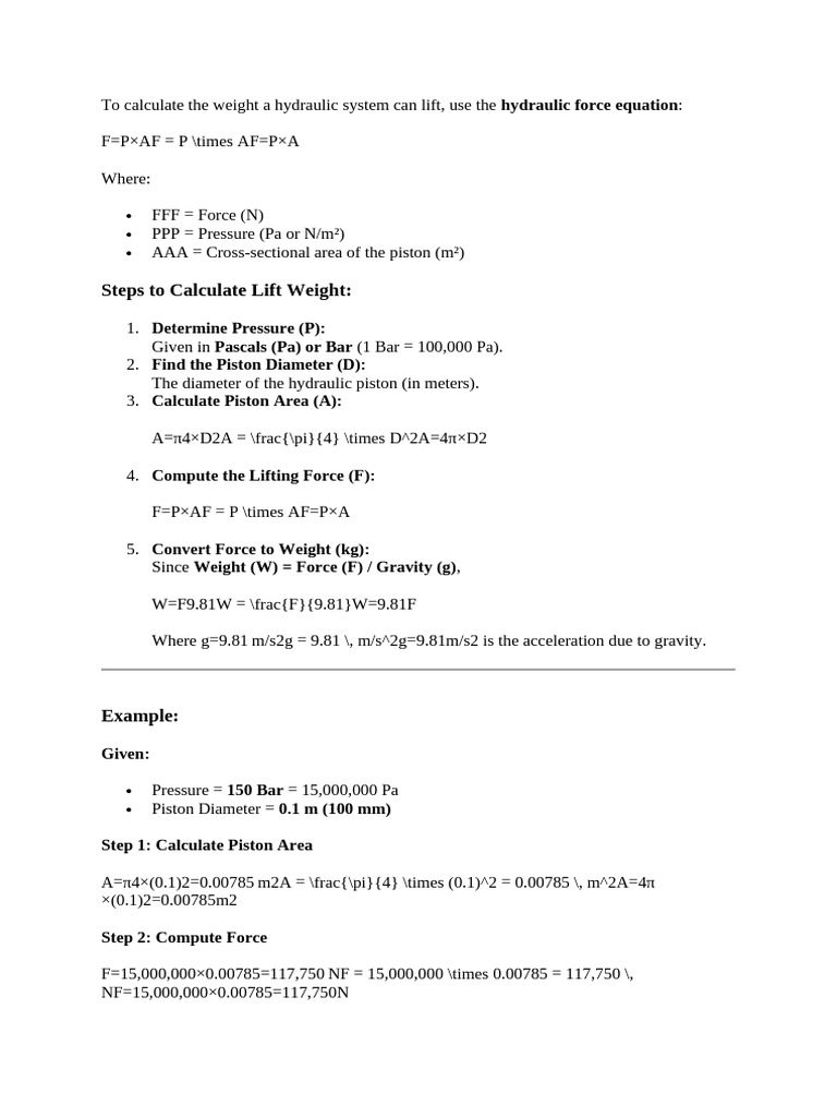 Hydraulic Lift Weight Calculation Guide | PDF | Force | Weight