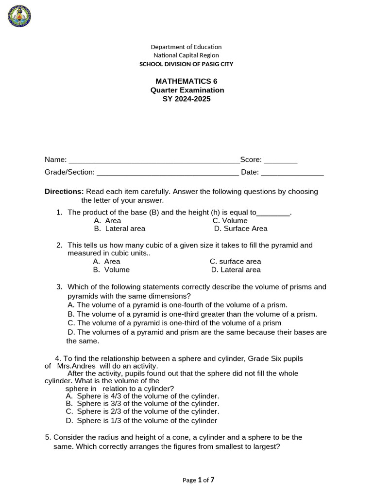 Math 6 q4 PT TQ Final | PDF | Sphere | Volume