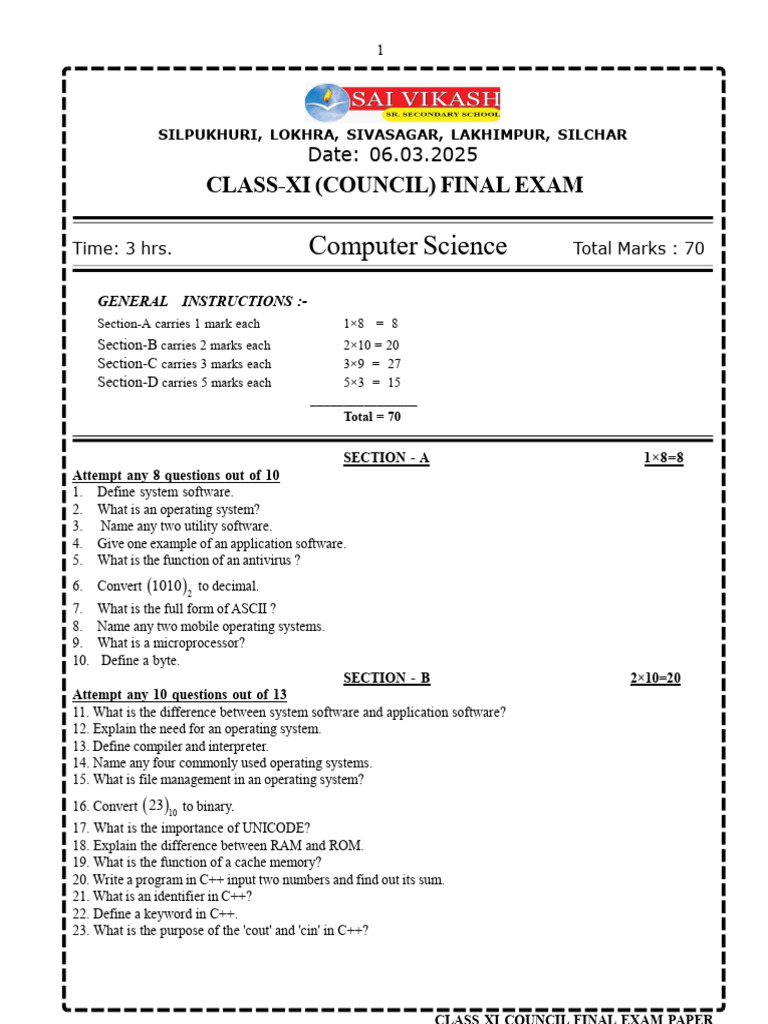 +1 (Council) Computer Final Exam Q.P (06.03.25) | PDF | Computer ...