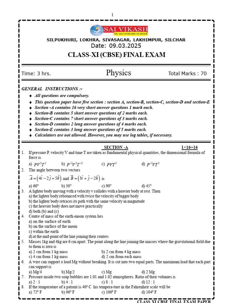 +1 (Cbse) Phy Final Exam Q.P (09.03.25) | PDF | Potential Energy | Force