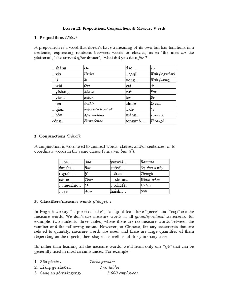12_Prepositions, Conjunctions & Measure Words | PDF | Syntactic Relationships | Linguistic Typology
