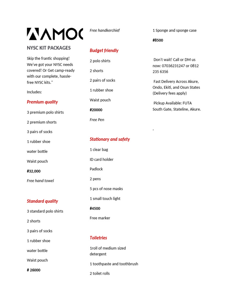 Nysc Kit Packages | PDF