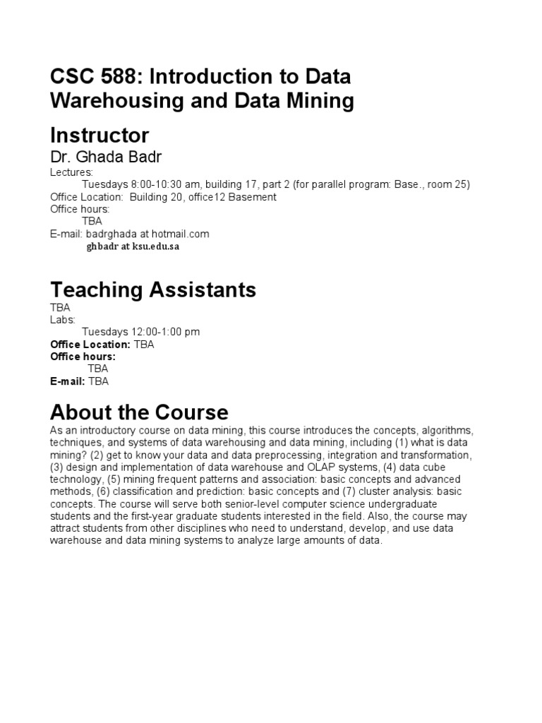 Course Outline CSC 588 Data Warehousing and Data Mining1 | PDF | Data ...