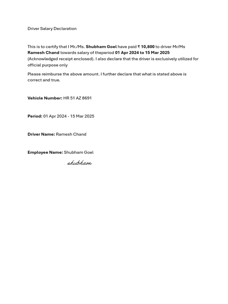Driver Salary Declaration | PDF
