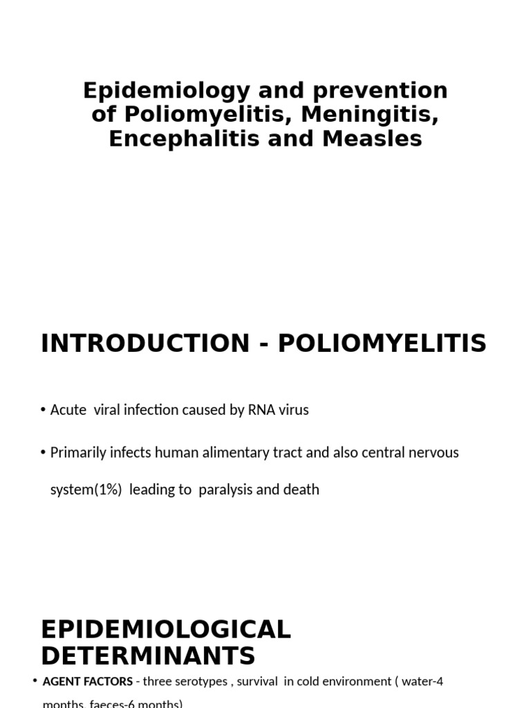 Epidemiology and Prevention of Poliomyelitis, Meningitis, Measles JE | PDF | Infection | Meningitis