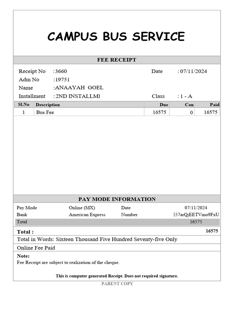 Parent Fee Receipt Print | PDF